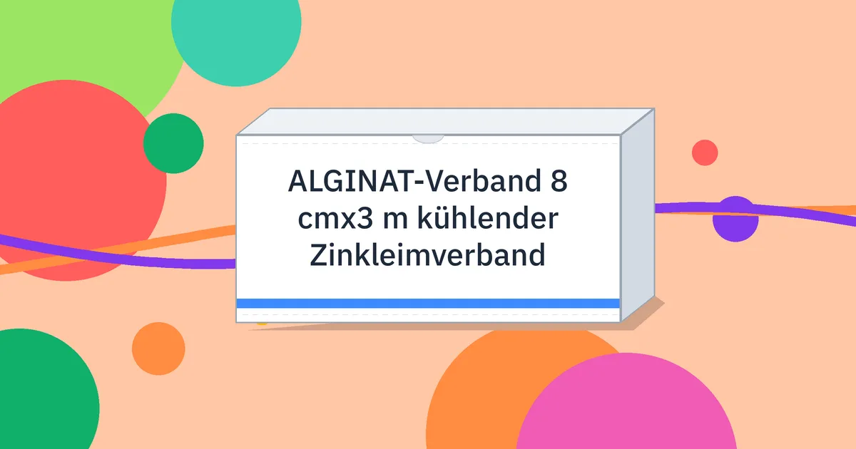 Symbolbild: Packung mit der Aufschrift ALGINAT-Verband 8 cmx3 m kühlender Zinkleimverband (PZN 14057506) – Verfügbarkeit und Bezug in Apotheken in Frankfurt am Main
