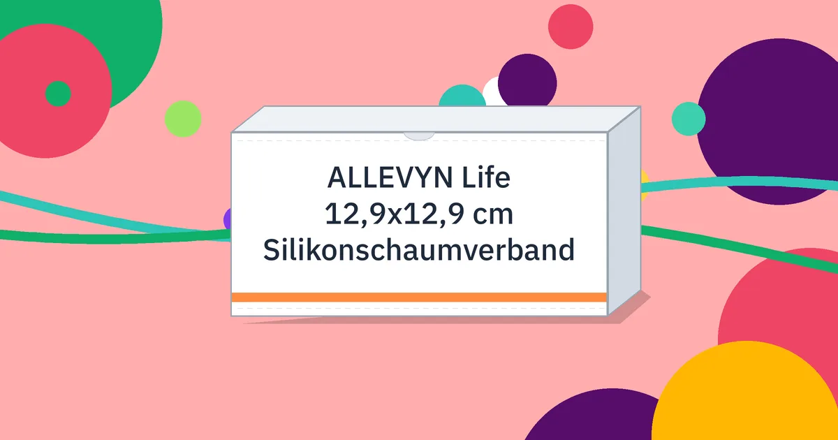 Symbolbild: Packung mit der Aufschrift ALLEVYN Life 12,9x12,9 cm Silikonschaumverband (PZN 13347610) – Verfügbarkeit und Bezug in Apotheken in Frankfurt am Main