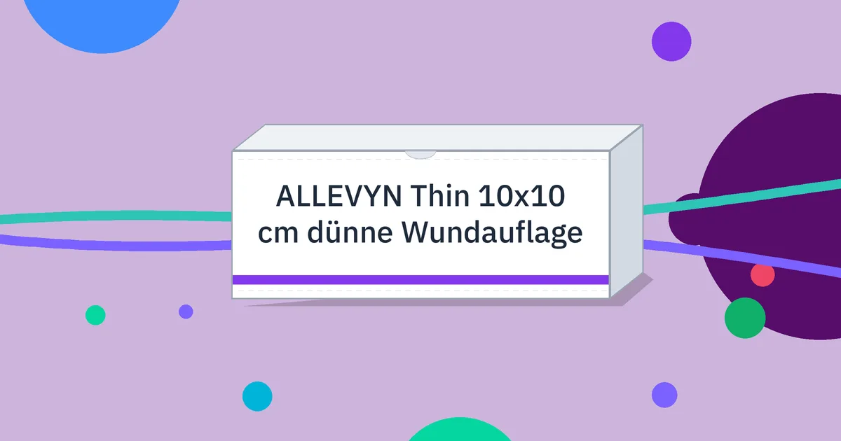 Symbolbild: Packung mit der Aufschrift ALLEVYN Thin 10x10 cm dünne Wundauflage (PZN 14329287) – Verfügbarkeit und Bezug in Apotheken in Frankfurt am Main