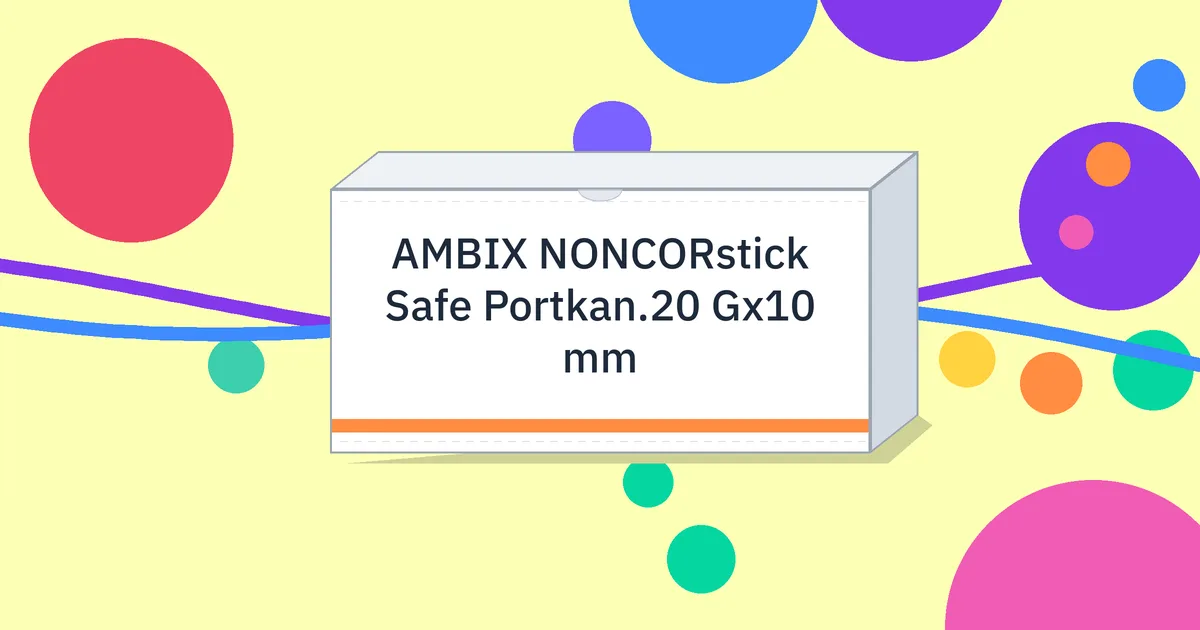 Symbolbild: Packung mit der Aufschrift AMBIX NONCORstick Safe Portkan.20 Gx10 mm (PZN 15565541) – Verfügbarkeit und Bezug in Apotheken in Frankfurt am Main