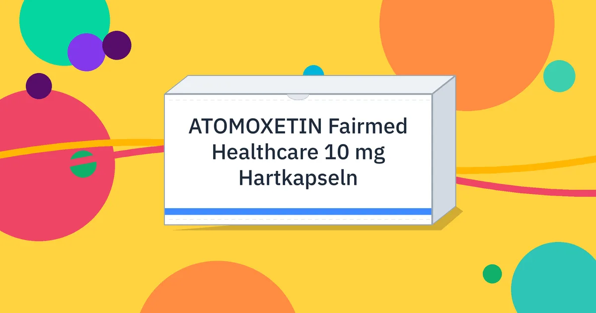 Symbolbild: Packung mit der Aufschrift ATOMOXETIN Fairmed Healthcare 10 mg Hartkapseln (PZN 16581430) – Verfügbarkeit und Bezug in Apotheken in Frankfurt am Main