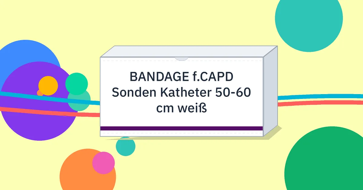 Symbolbild: Packung mit der Aufschrift BANDAGE f.CAPD Sonden Katheter 50-60 cm weiß (PZN 15391213) – Verfügbarkeit und Bezug in Apotheken in Frankfurt am Main