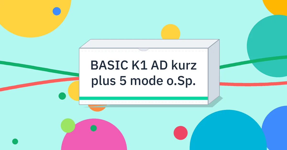 Symbolbild: Packung mit der Aufschrift BASIC K1 AD kurz plus 5 mode o.Sp. (PZN 20259007) – Verfügbarkeit und Bezug in Apotheken in Frankfurt am Main