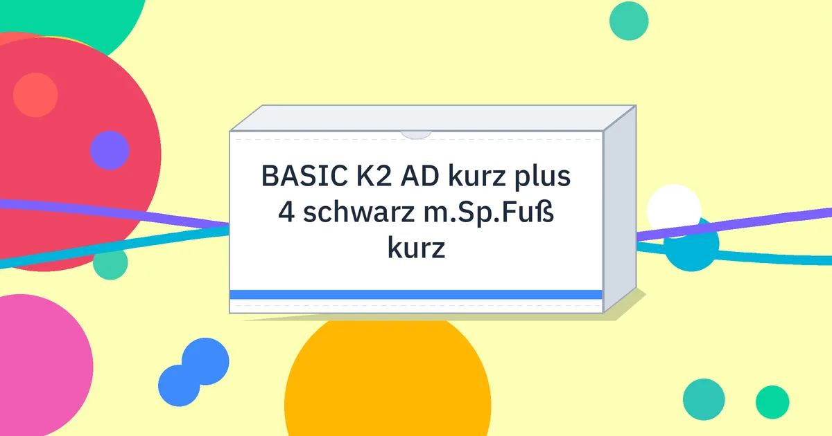 Symbolbild: Packung mit der Aufschrift BASIC K2 AD kurz plus 4 schwarz m.Sp.Fuß kurz (PZN 20264818) – Verfügbarkeit und Bezug in Apotheken in Frankfurt am Main
