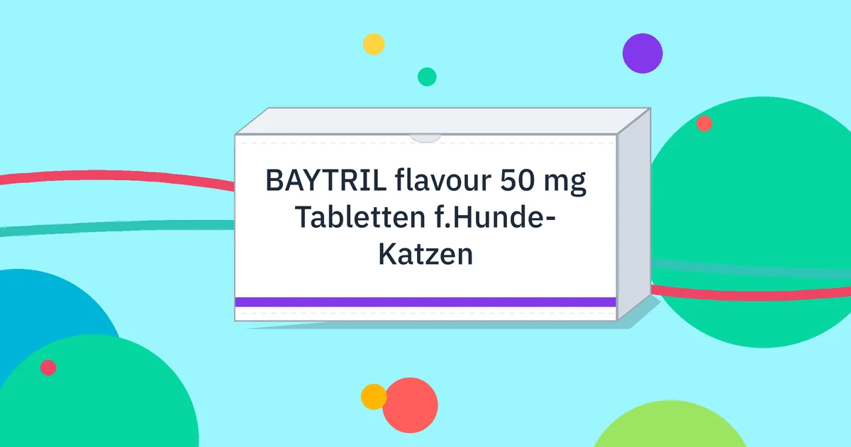 Symbolbild: Packung mit der Aufschrift BAYTRIL flavour 50 mg Tabletten f.Hunde-Katzen (PZN 03352366) – Verfügbarkeit und Bezug in Apotheken in Frankfurt am Main