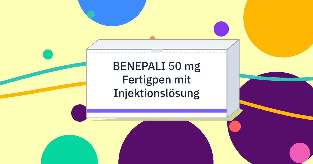 Symbolbild: Packung mit der Aufschrift BENEPALI 50 mg Fertigpen mit Injektionslösung (PZN 19819458) – Verfügbarkeit und Bezug in Apotheken in Frankfurt am Main