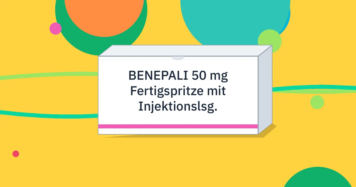 Symbolbild: Packung mit der Aufschrift BENEPALI 50 mg Fertigspritze mit Injektionslsg. (PZN 16008819) – Verfügbarkeit und Bezug in Apotheken in Frankfurt am Main