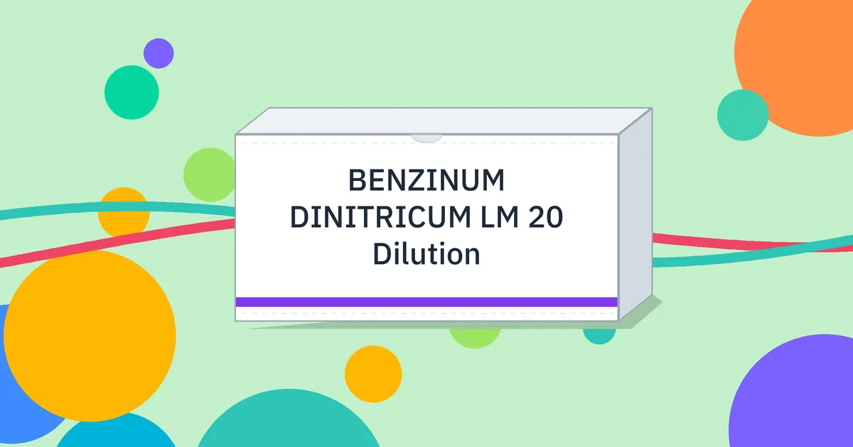 Symbolbild: Packung mit der Aufschrift BENZINUM DINITRICUM LM 20 Dilution (PZN 13382411) – Verfügbarkeit und Bezug in Apotheken in Frankfurt am Main