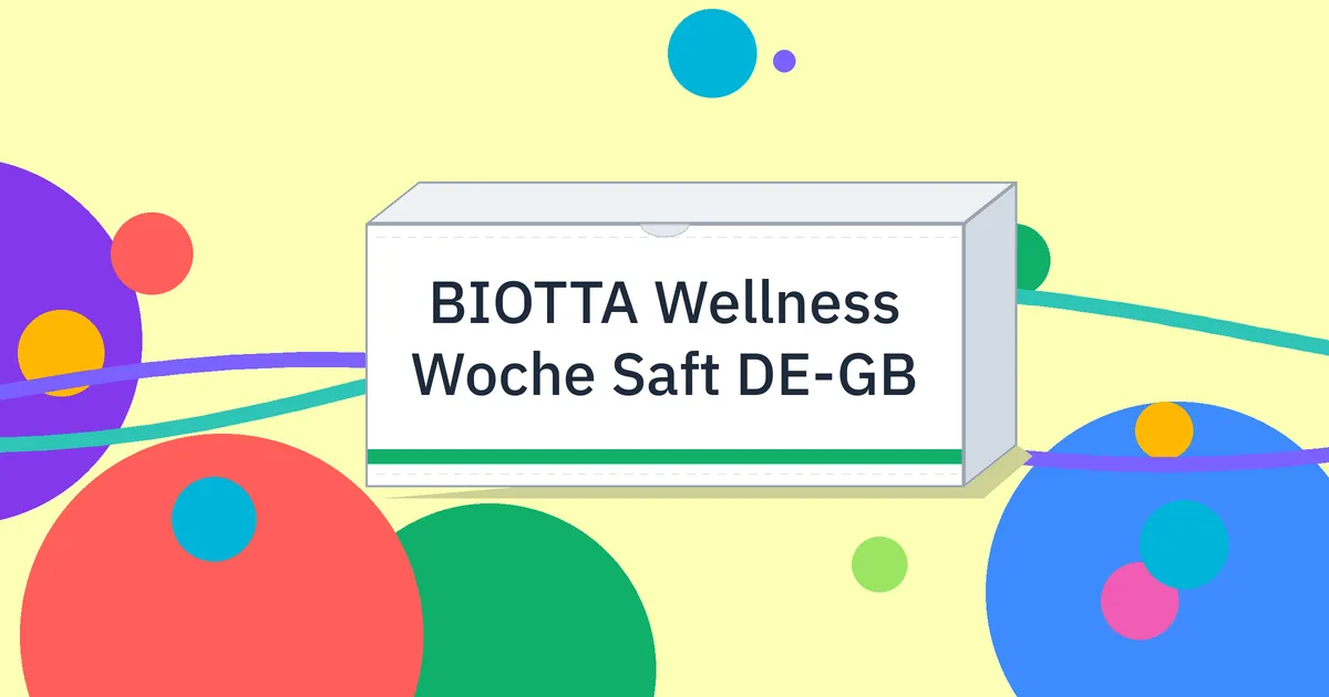 Symbolbild: Packung mit der Aufschrift BIOTTA Wellness Woche Saft DE-GB (PZN 12650536) – Verfügbarkeit und Bezug in Apotheken in Frankfurt am Main