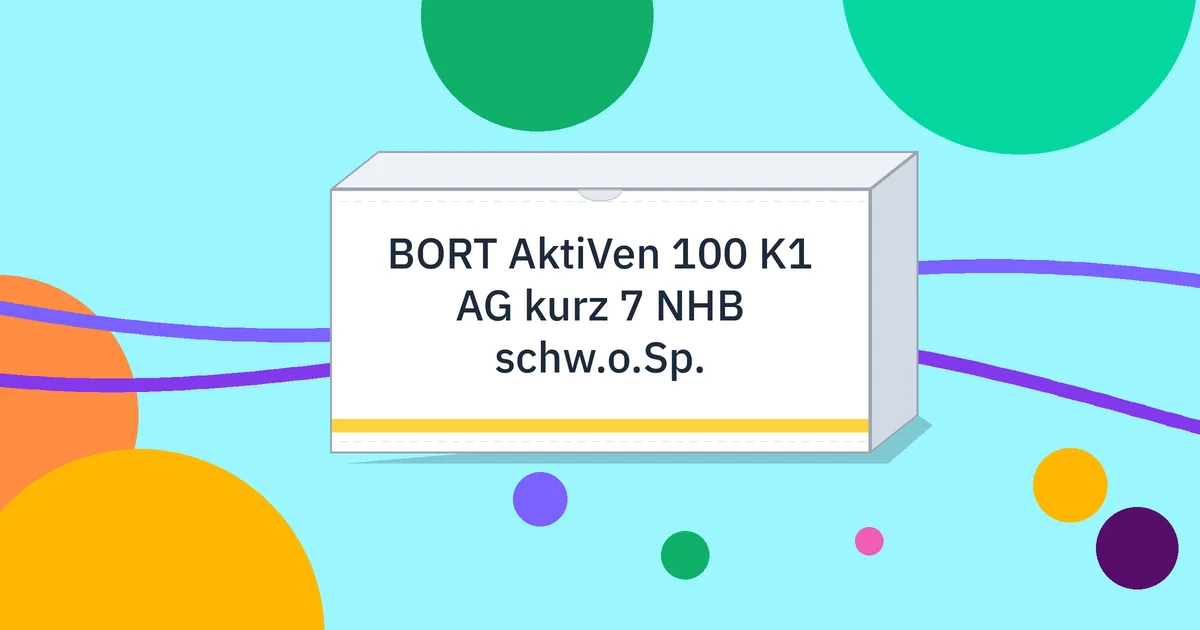 Symbolbild: Packung mit der Aufschrift BORT AktiVen 100 K1 AG kurz 7 NHB schw.o.Sp. (PZN 14387764) – Verfügbarkeit und Bezug in Apotheken in Frankfurt am Main