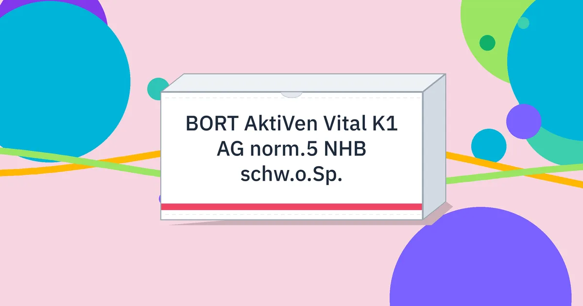 Symbolbild: Packung mit der Aufschrift BORT AktiVen Vital K1 AG norm.5 NHB schw.o.Sp. (PZN 13735559) – Verfügbarkeit und Bezug in Apotheken in Frankfurt am Main
