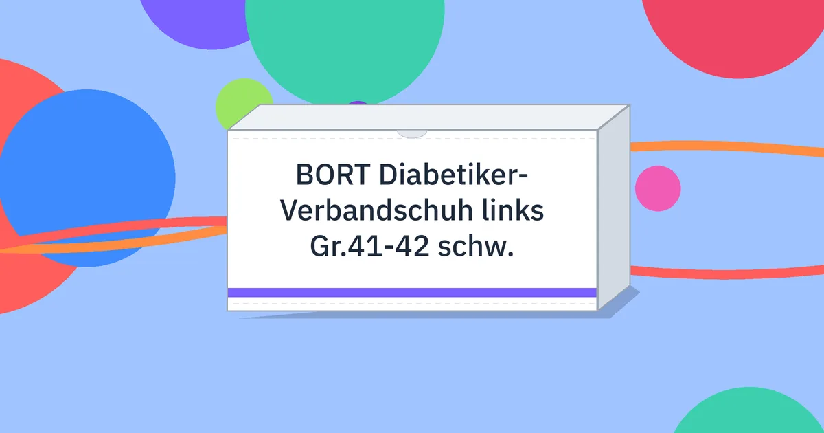Symbolbild: Packung mit der Aufschrift BORT Diabetiker-Verbandschuh links Gr.41-42 schw. (PZN 11581224) – Verfügbarkeit und Bezug in Apotheken in Frankfurt am Main
