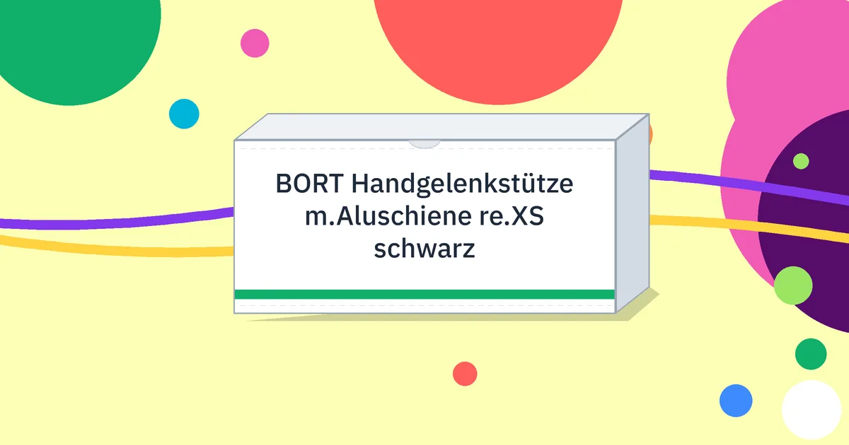 Symbolbild: Packung mit der Aufschrift BORT Handgelenkstütze m.Aluschiene re.XS schwarz (PZN 05539376) – Verfügbarkeit und Bezug in Apotheken in Frankfurt am Main