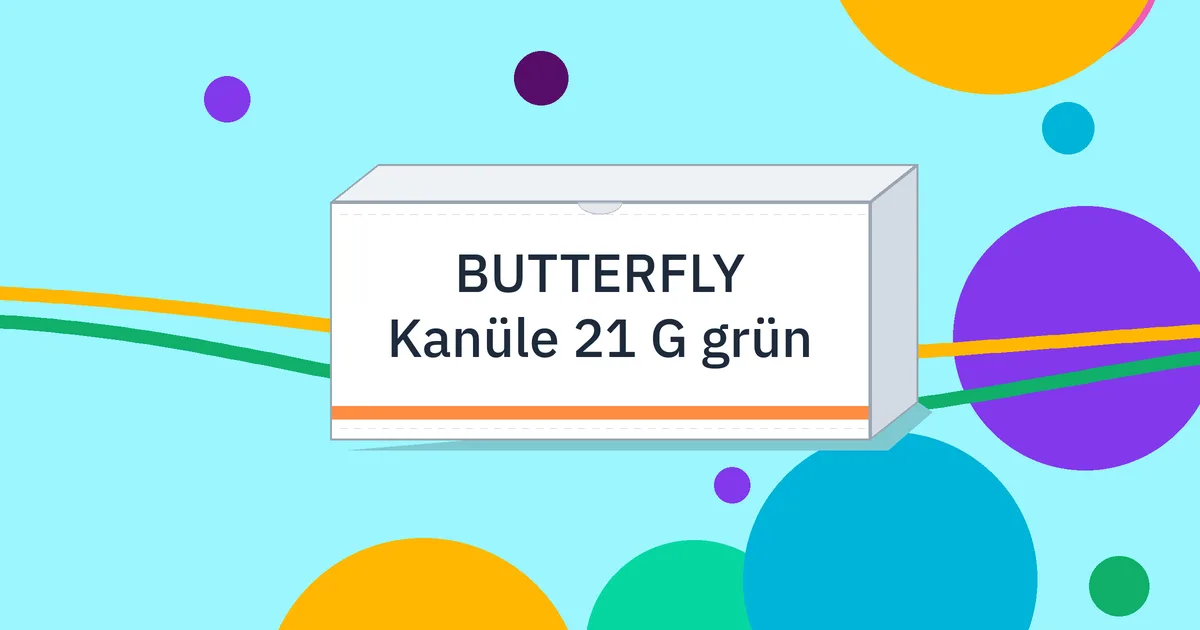 Symbolbild: Packung mit der Aufschrift BUTTERFLY Kanüle 21 G grün (PZN 09685324) – Verfügbarkeit und Bezug in Apotheken in Frankfurt am Main