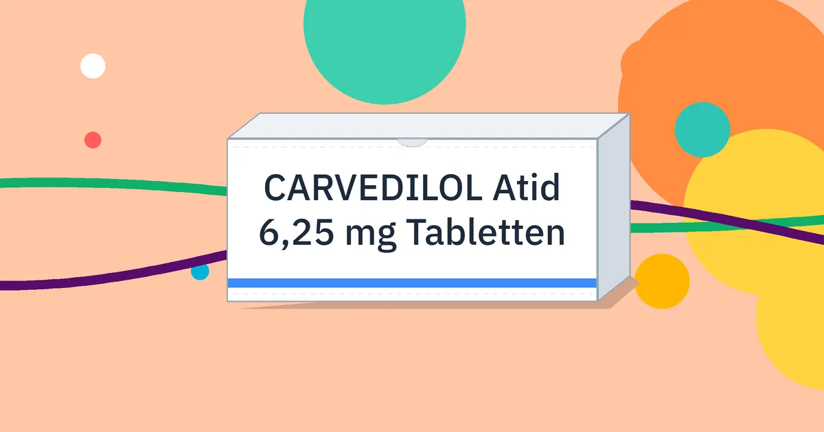 Symbolbild: Packung mit der Aufschrift CARVEDILOL Atid 6,25 mg Tabletten (PZN 00619277) – Verfügbarkeit und Bezug in Apotheken in Frankfurt am Main