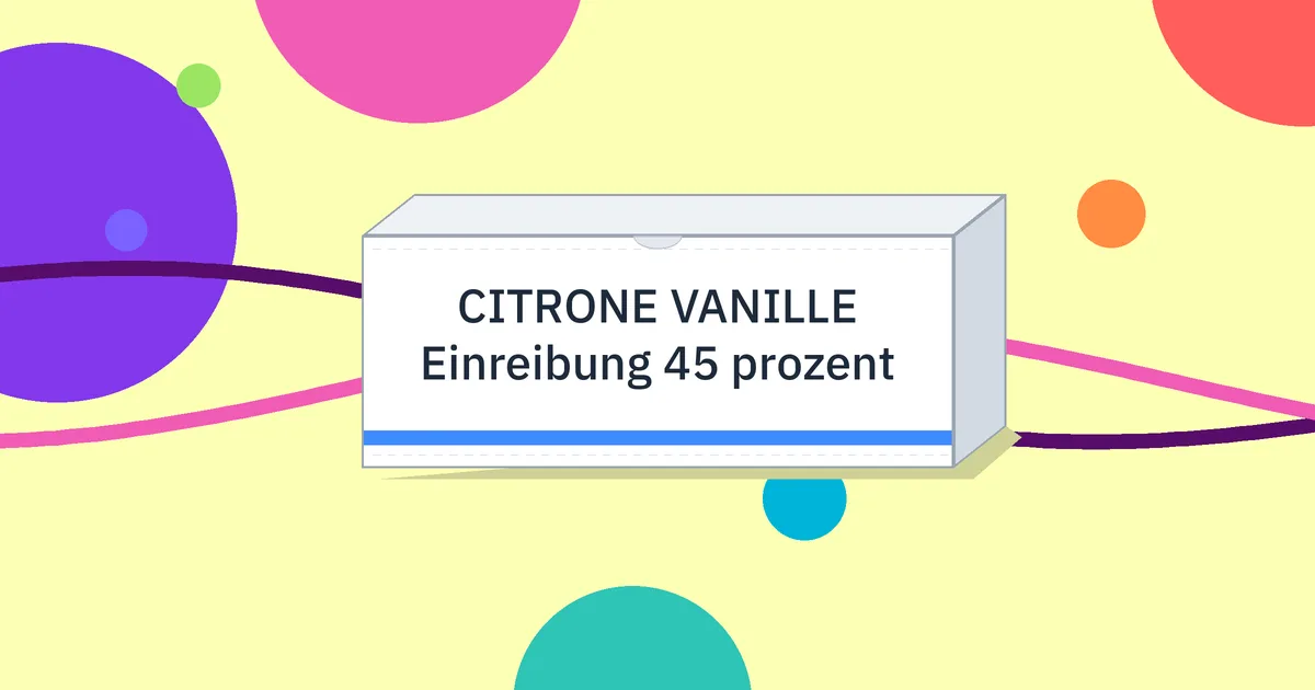 Symbolbild: Packung mit der Aufschrift CITRONE VANILLE Einreibung 45 prozent (PZN 04979736) – Verfügbarkeit und Bezug in Apotheken in Frankfurt am Main