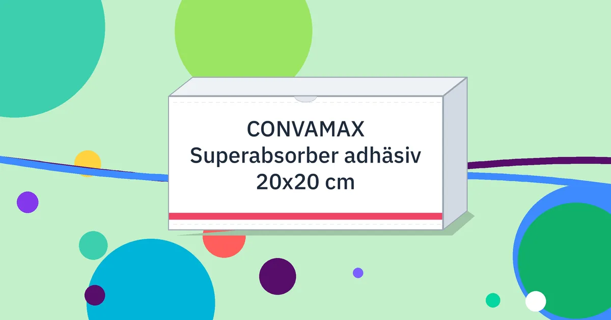 Symbolbild: Packung mit der Aufschrift CONVAMAX Superabsorber adhäsiv 20x20 cm (PZN 19466238) – Verfügbarkeit und Bezug in Apotheken in Frankfurt am Main