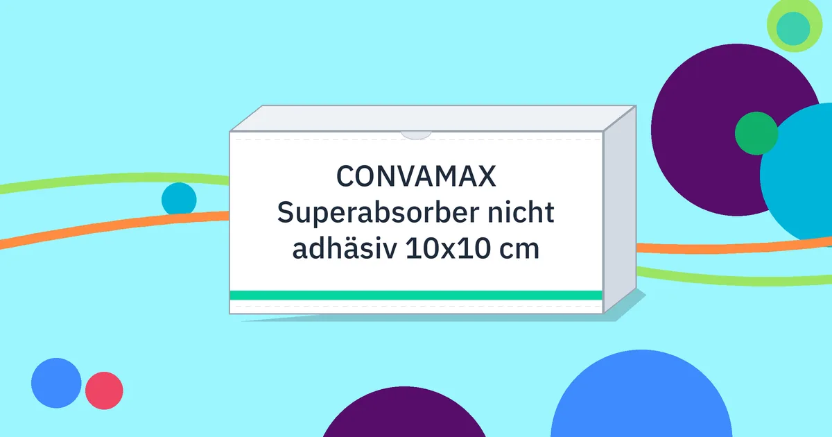 Symbolbild: Packung mit der Aufschrift CONVAMAX Superabsorber nicht adhäsiv 10x10 cm (PZN 19261246) – Verfügbarkeit und Bezug in Apotheken in Frankfurt am Main