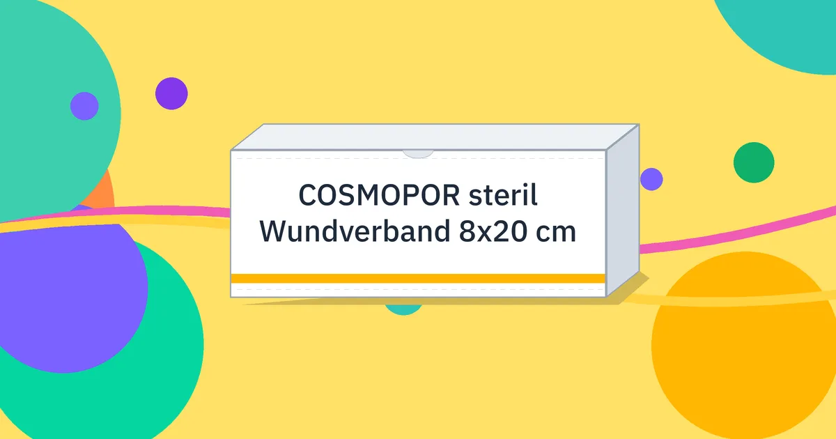 Symbolbild: Packung mit der Aufschrift COSMOPOR steril Wundverband 8x20 cm (PZN 19699528) – Verfügbarkeit und Bezug in Apotheken in Frankfurt am Main