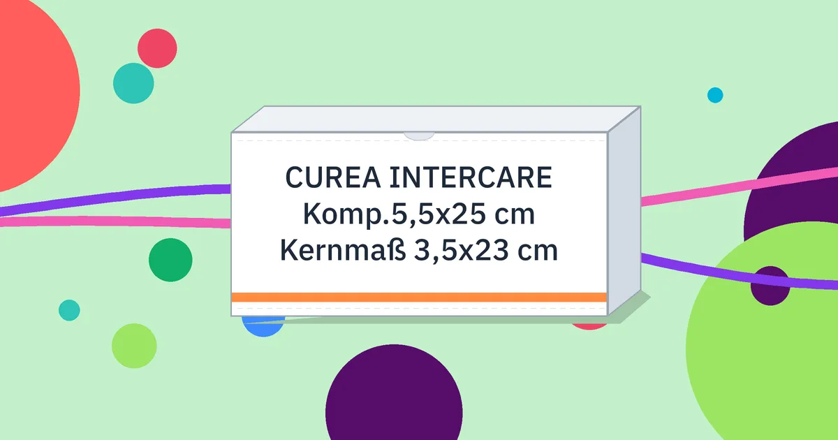 Symbolbild: Packung mit der Aufschrift CUREA INTERCARE Komp.5,5x25 cm Kernmaß 3,5x23 cm (PZN 12483819) – Verfügbarkeit und Bezug in Apotheken in Frankfurt am Main