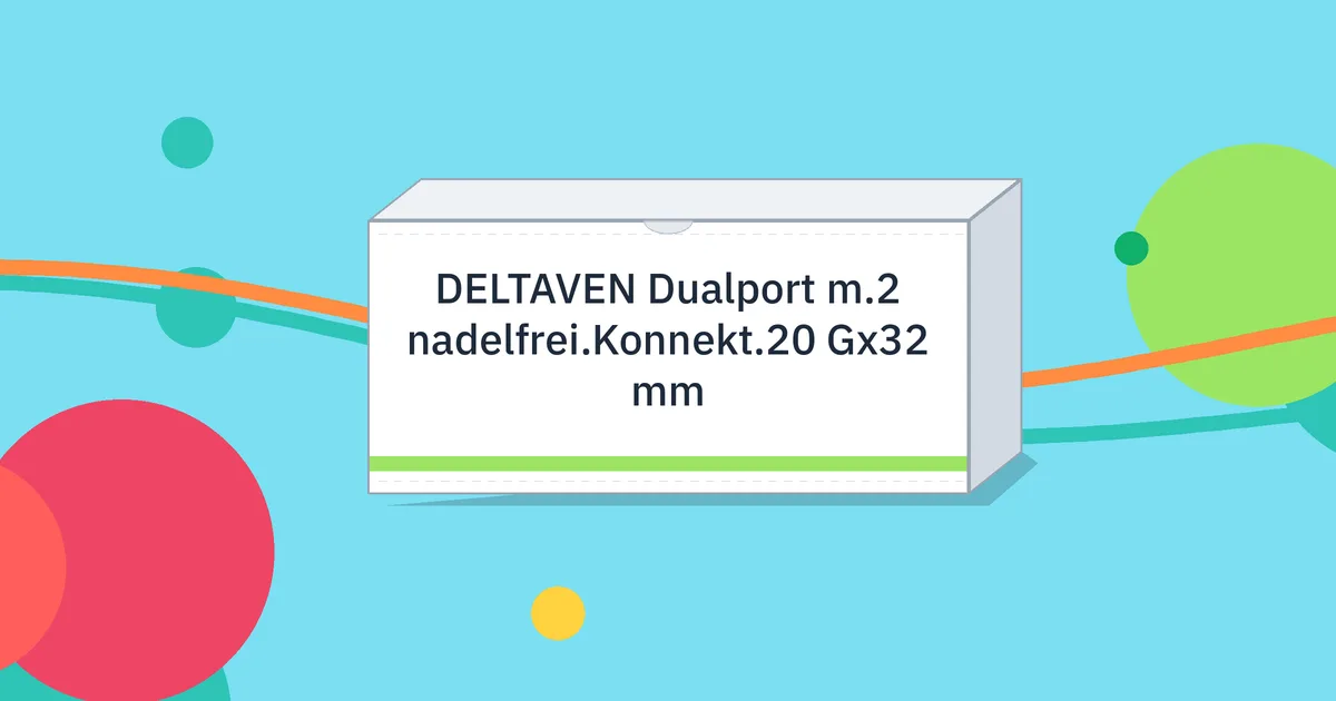 Symbolbild: Packung mit der Aufschrift DELTAVEN Dualport m.2 nadelfrei.Konnekt.20 Gx32 mm (PZN 20365413) – Verfügbarkeit und Bezug in Apotheken in Frankfurt am Main