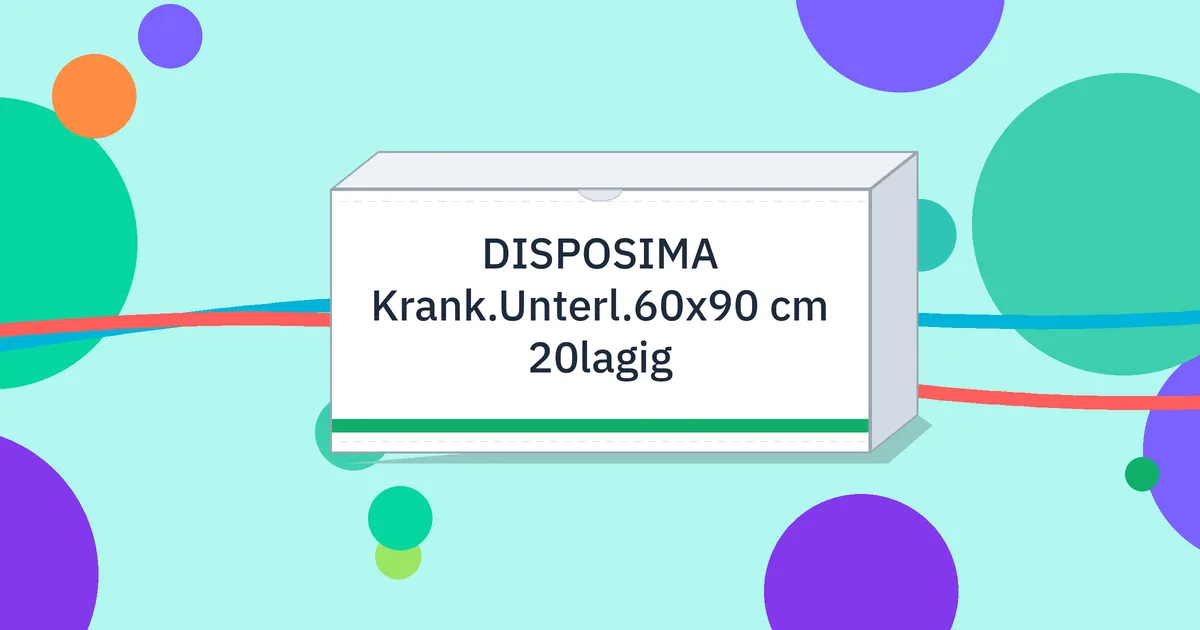 Symbolbild: Packung mit der Aufschrift DISPOSIMA Krank.Unterl.60x90 cm 20lagig (PZN 15997789) – Verfügbarkeit und Bezug in Apotheken in Frankfurt am Main