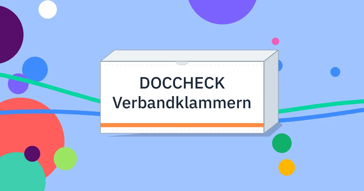 Symbolbild: Packung mit der Aufschrift DOCCHECK Verbandklammern (PZN 11054855) – Verfügbarkeit und Bezug in Apotheken in Frankfurt am Main