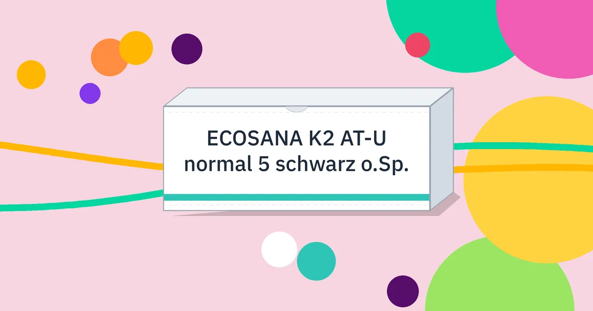 Symbolbild: Packung mit der Aufschrift ECOSANA K2 AT-U normal 5 schwarz o.Sp. (PZN 01577121) – Verfügbarkeit und Bezug in Apotheken in Frankfurt am Main