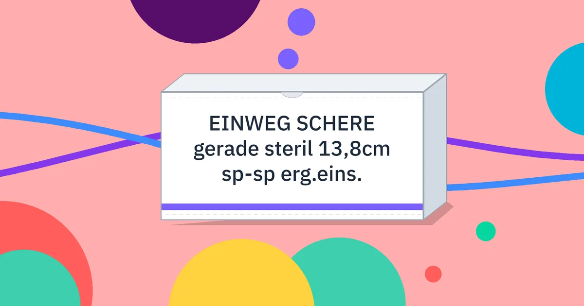 Symbolbild: Packung mit der Aufschrift EINWEG SCHERE gerade steril 13,8cm sp-sp erg.eins. (PZN 17851185) – Verfügbarkeit und Bezug in Apotheken in Frankfurt am Main