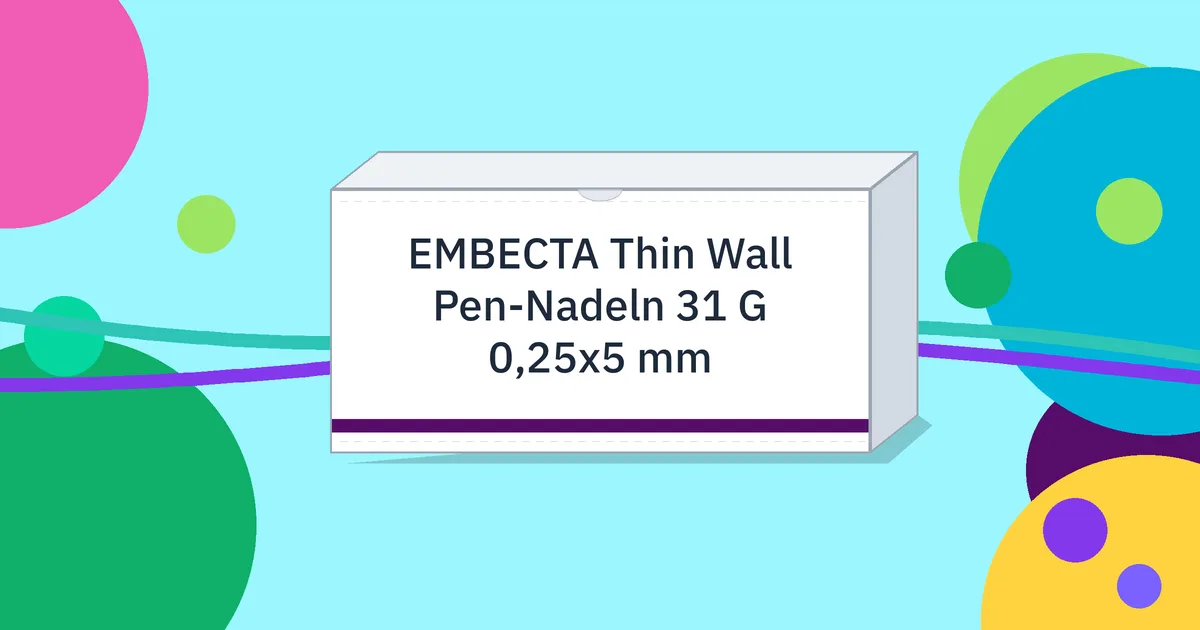 Symbolbild: Packung mit der Aufschrift EMBECTA Thin Wall Pen-Nadeln 31 G 0,25x5 mm (PZN 20612998) – Verfügbarkeit und Bezug in Apotheken in Frankfurt am Main