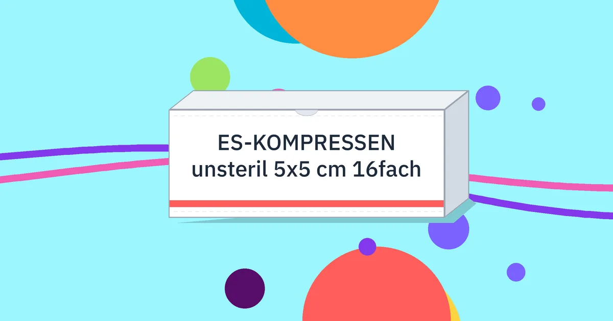Symbolbild: Packung mit der Aufschrift ES-KOMPRESSEN unsteril 5x5 cm 16fach (PZN 01447186) – Verfügbarkeit und Bezug in Apotheken in Frankfurt am Main