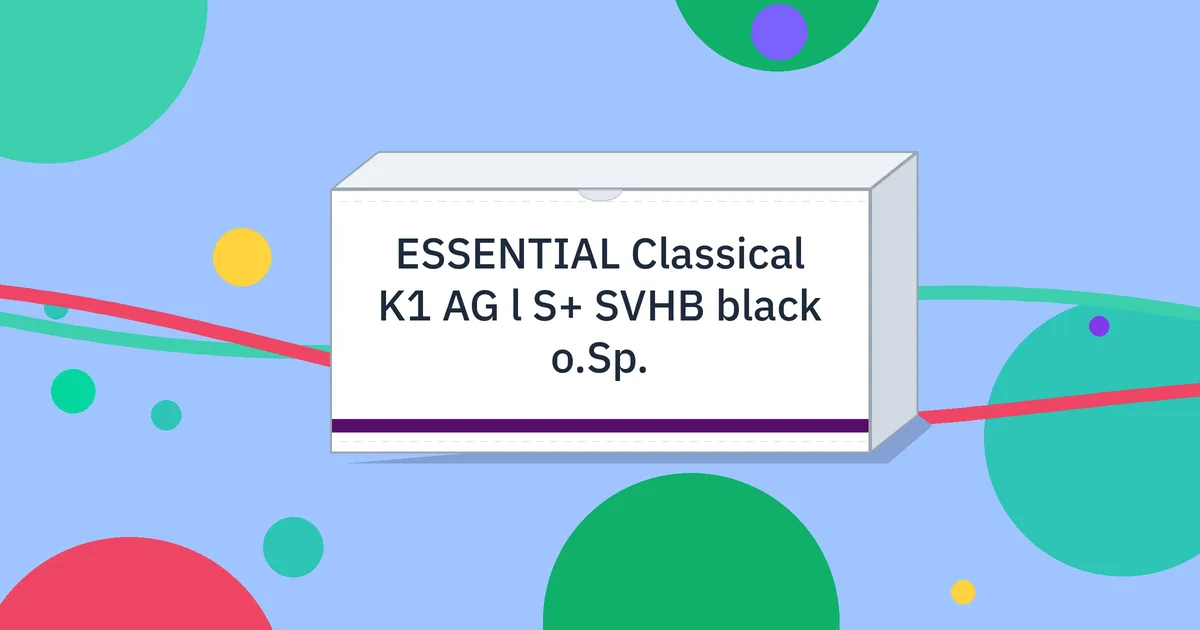 Symbolbild: Packung mit der Aufschrift ESSENTIAL Classical K1 AG l S+ SVHB black o.Sp. (PZN 18420576) – Verfügbarkeit und Bezug in Apotheken in Frankfurt am Main