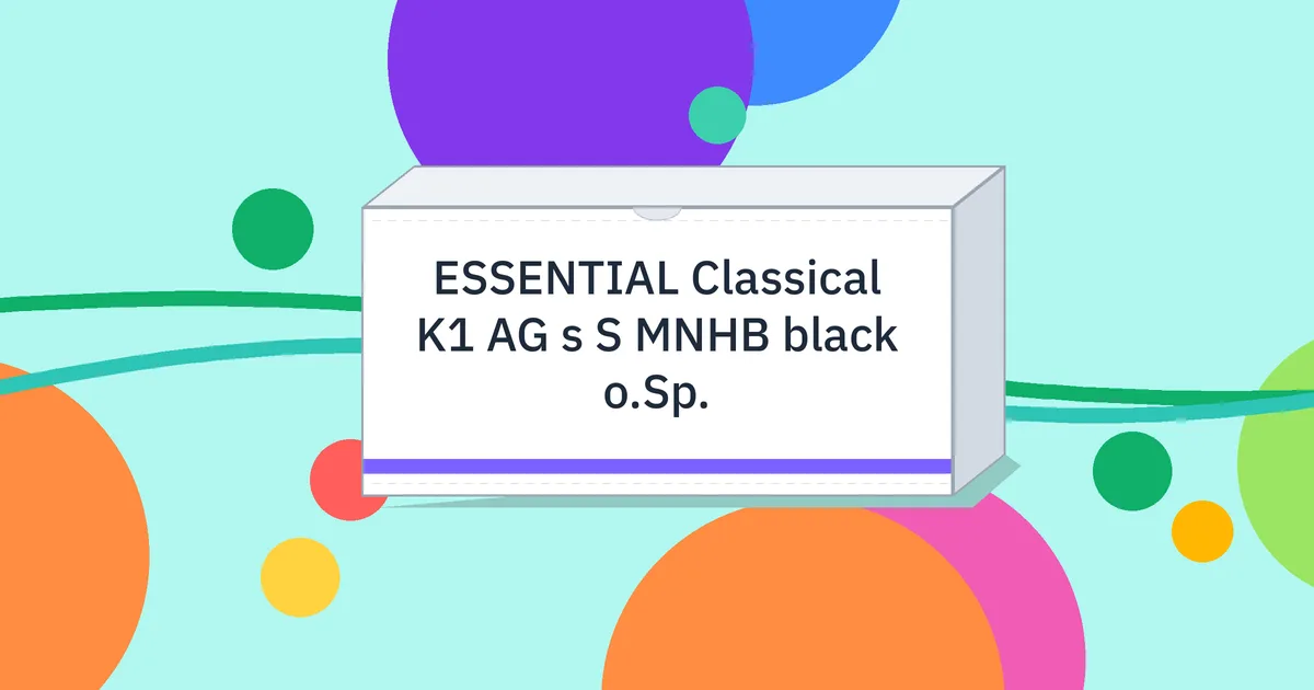 Symbolbild: Packung mit der Aufschrift ESSENTIAL Classical K1 AG s S MNHB black o.Sp. (PZN 19321014) – Verfügbarkeit und Bezug in Apotheken in Frankfurt am Main