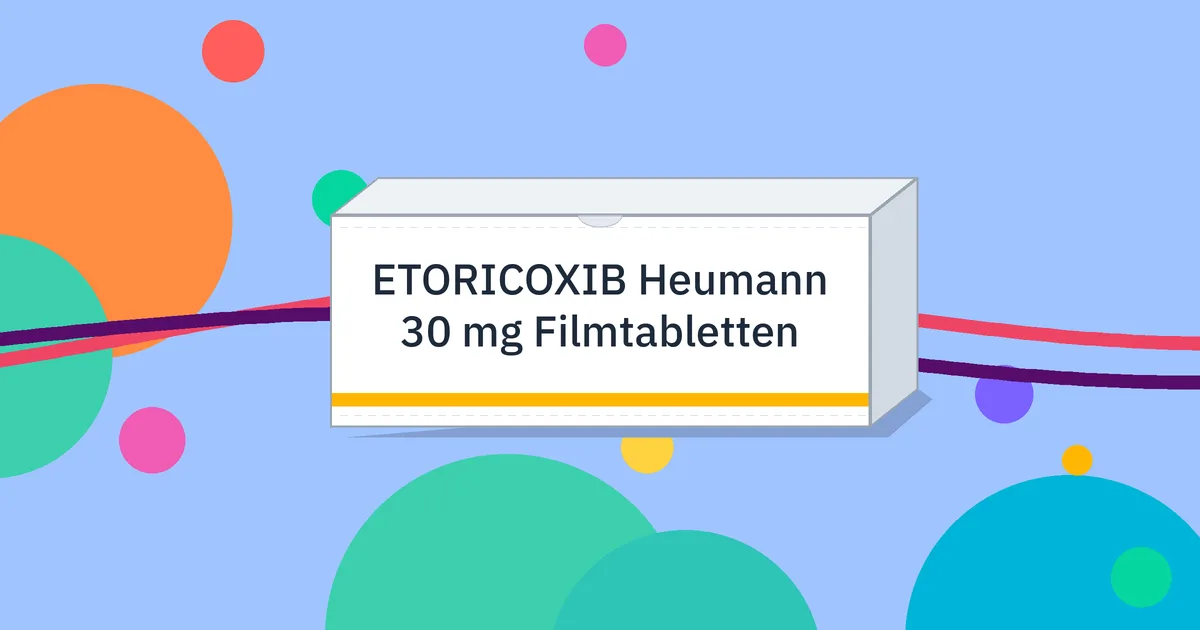 Symbolbild: Packung mit der Aufschrift ETORICOXIB Heumann 30 mg Filmtabletten (PZN 12545058) – Verfügbarkeit und Bezug in Apotheken in Frankfurt am Main