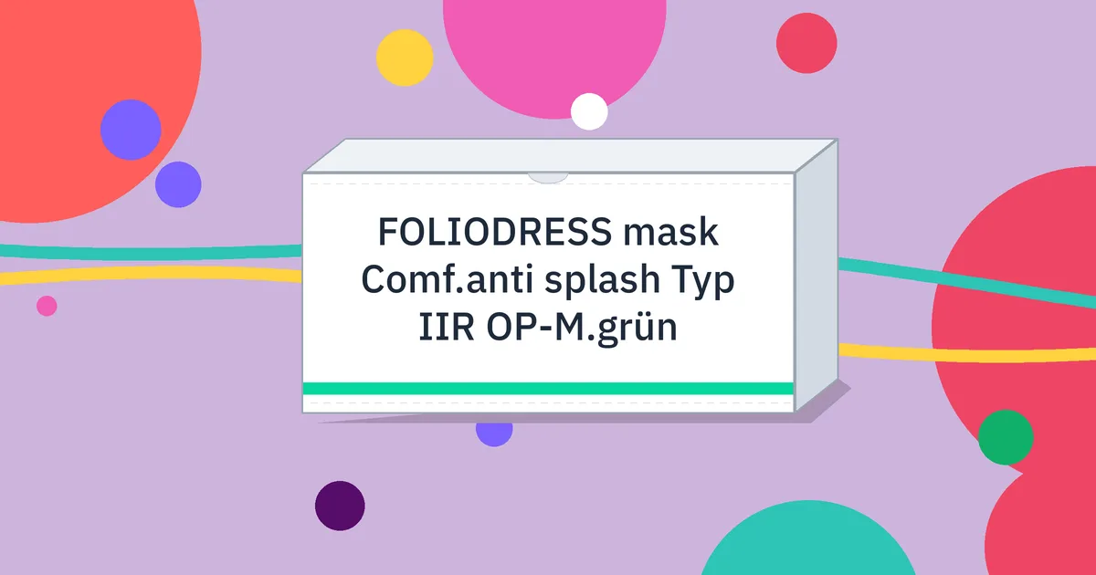 Symbolbild: Packung mit der Aufschrift FOLIODRESS mask Comf.anti splash Typ IIR OP-M.grün (PZN 02855220) – Verfügbarkeit und Bezug in Apotheken in Frankfurt am Main