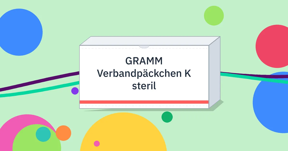 Symbolbild: Packung mit der Aufschrift GRAMM Verbandpäckchen K steril (PZN 07354095) – Verfügbarkeit und Bezug in Apotheken in Frankfurt am Main