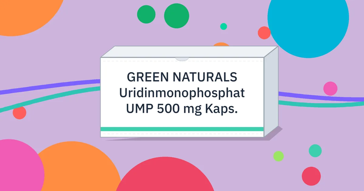 Symbolbild: Packung mit der Aufschrift GREEN NATURALS Uridinmonophosphat UMP 500 mg Kaps. (PZN 20790659) – Verfügbarkeit und Bezug in Apotheken in Frankfurt am Main