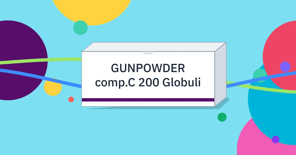 Symbolbild: Packung mit der Aufschrift GUNPOWDER comp.C 200 Globuli (PZN 19714831) – Verfügbarkeit und Bezug in Apotheken in Frankfurt am Main