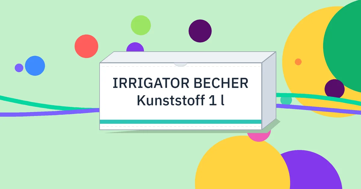 Symbolbild: Packung mit der Aufschrift IRRIGATOR BECHER Kunststoff 1 l (PZN 04839165) – Verfügbarkeit und Bezug in Apotheken in Frankfurt am Main