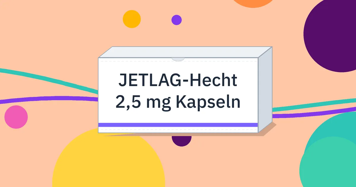 Symbolbild: Packung mit der Aufschrift JETLAG-Hecht 2,5 mg Kapseln (PZN 09919354) – Verfügbarkeit und Bezug in Apotheken in Frankfurt am Main