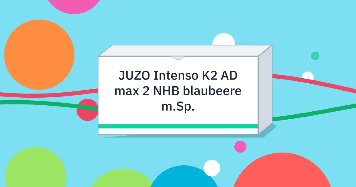 Symbolbild: Packung mit der Aufschrift JUZO Intenso K2 AD max 2 NHB blaubeere m.Sp. (PZN 18612809) – Verfügbarkeit und Bezug in Apotheken in Frankfurt am Main