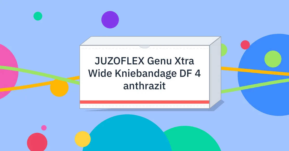 Symbolbild: Packung mit der Aufschrift JUZOFLEX Genu Xtra Wide Kniebandage DF 4 anthrazit (PZN 16497847) – Verfügbarkeit und Bezug in Apotheken in Frankfurt am Main