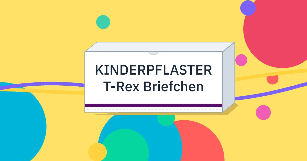 Symbolbild: Packung mit der Aufschrift KINDERPFLASTER T-Rex Briefchen (PZN 19405260) – Verfügbarkeit und Bezug in Apotheken in Frankfurt am Main