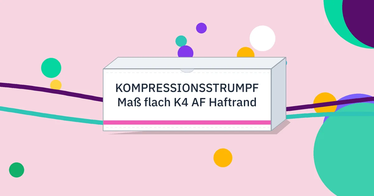 Symbolbild: Packung mit der Aufschrift KOMPRESSIONSSTRUMPF Maß flach K4 AF Haftrand (PZN 16745305) – Verfügbarkeit und Bezug in Apotheken in Frankfurt am Main
