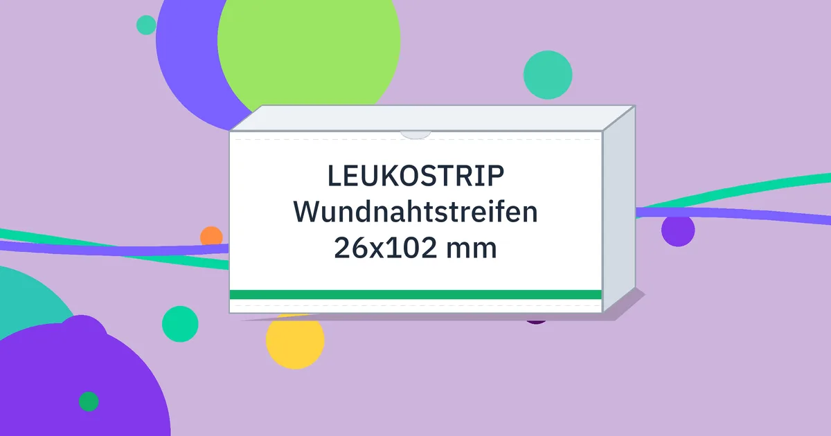 Symbolbild: Packung mit der Aufschrift LEUKOSTRIP Wundnahtstreifen 26x102 mm (PZN 06999677) – Verfügbarkeit und Bezug in Apotheken in Frankfurt am Main