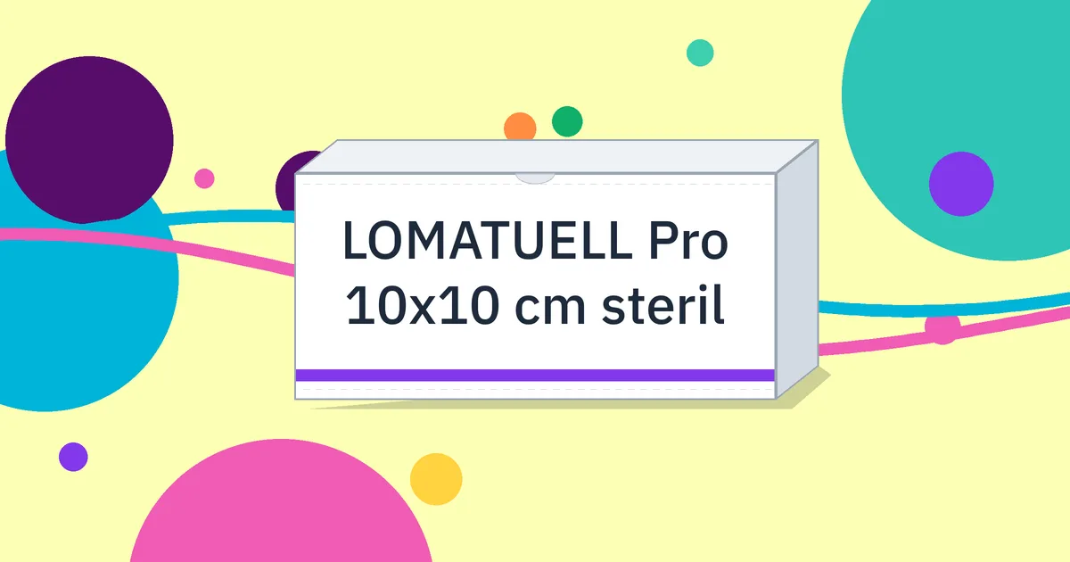Symbolbild: Packung mit der Aufschrift LOMATUELL Pro 10x10 cm steril (PZN 14039187) – Verfügbarkeit und Bezug in Apotheken in Frankfurt am Main