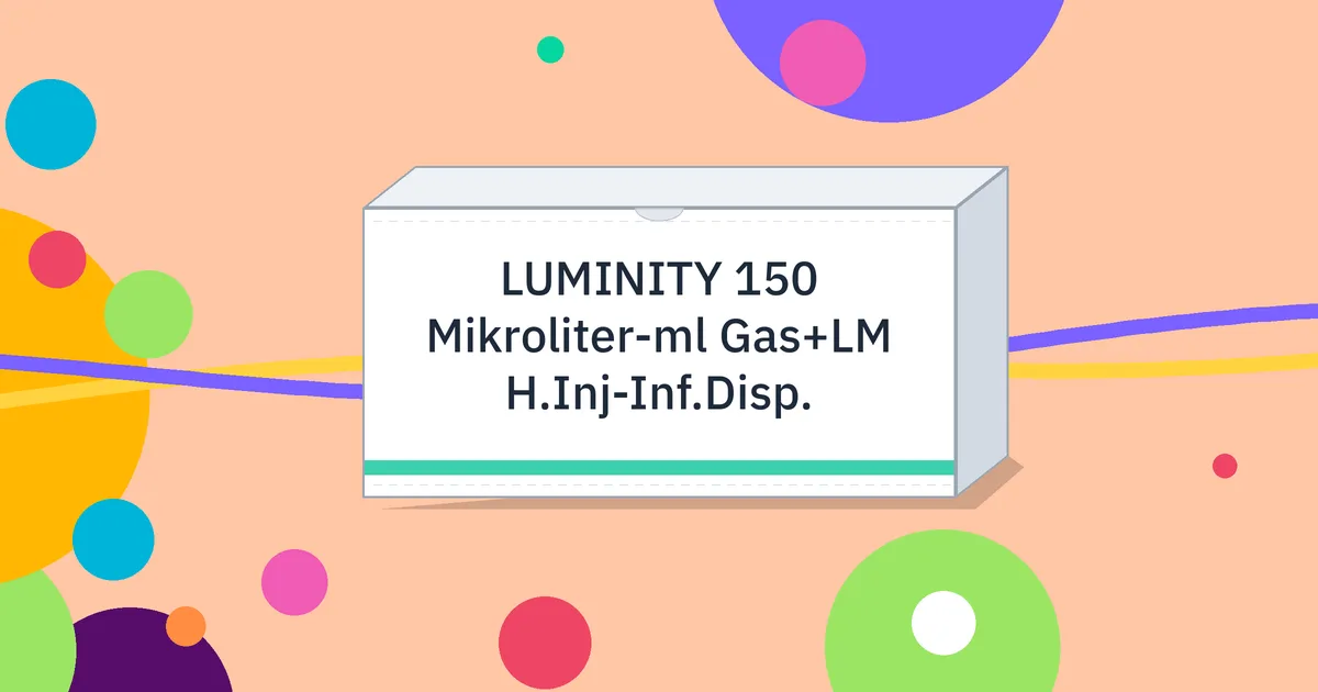 Symbolbild: Packung mit der Aufschrift LUMINITY 150 Mikroliter-ml Gas+LM H.Inj-Inf.Disp. (PZN 09278487) – Verfügbarkeit und Bezug in Apotheken in Frankfurt am Main