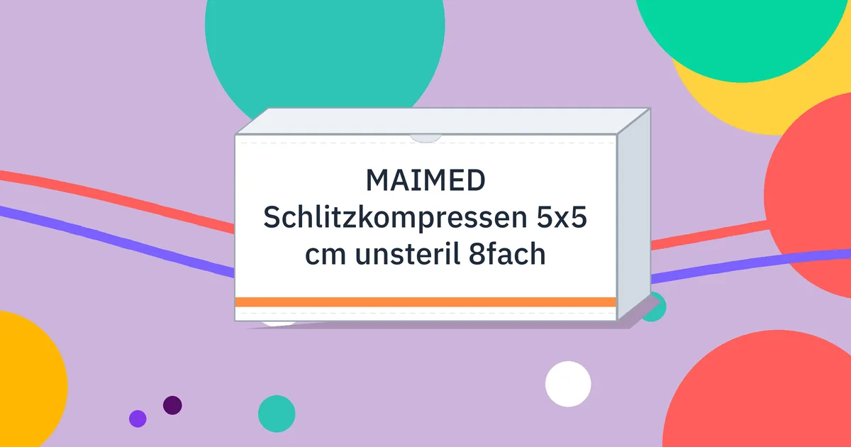 Symbolbild: Packung mit der Aufschrift MAIMED Schlitzkompressen 5x5 cm unsteril 8fach (PZN 02299888) – Verfügbarkeit und Bezug in Apotheken in Frankfurt am Main
