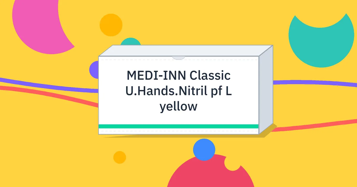 Symbolbild: Packung mit der Aufschrift MEDI-INN Classic U.Hands.Nitril pf L yellow (PZN 18445501) – Verfügbarkeit und Bezug in Apotheken in Frankfurt am Main