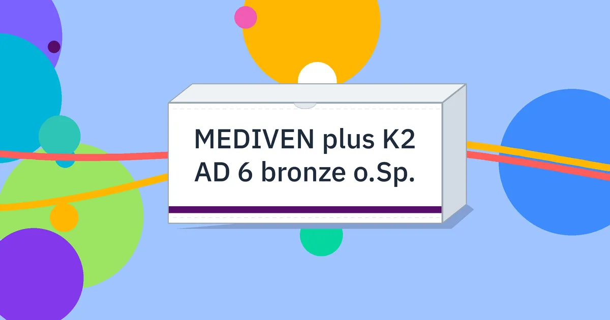 Symbolbild: Packung mit der Aufschrift MEDIVEN plus K2 AD 6 bronze o.Sp. (PZN 15093504) – Verfügbarkeit und Bezug in Apotheken in Frankfurt am Main